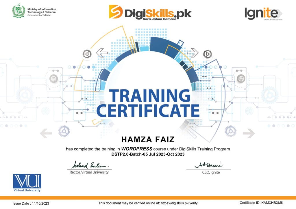 WordPress -- DigiSkill Training Certificate – Hamza Faiz